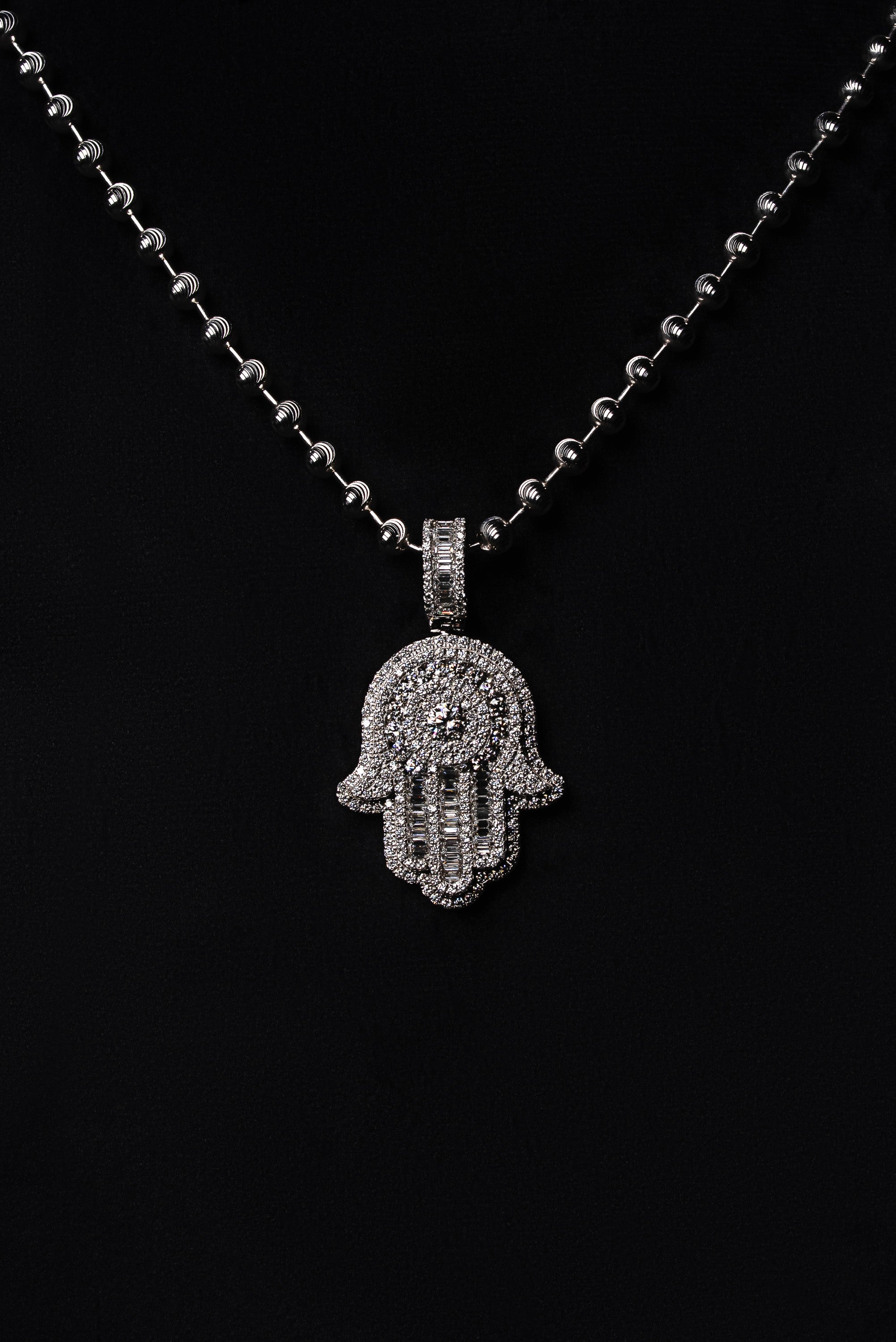 Diamond Baguette Fatima Hand Pendant 18k Solid White Gold 3.80ctw ...